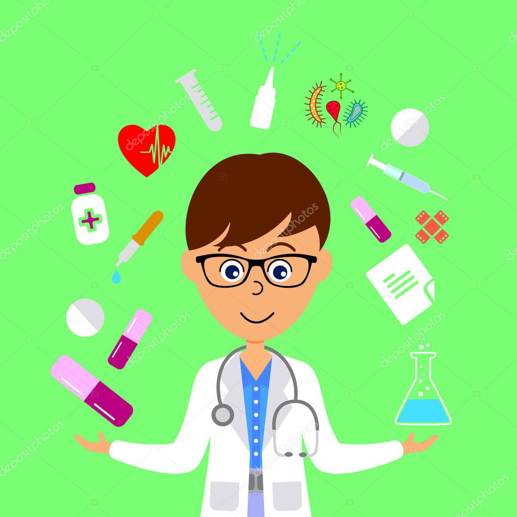 Médico de dibujos animados con medicamentos y equipo médico. Concepto ...