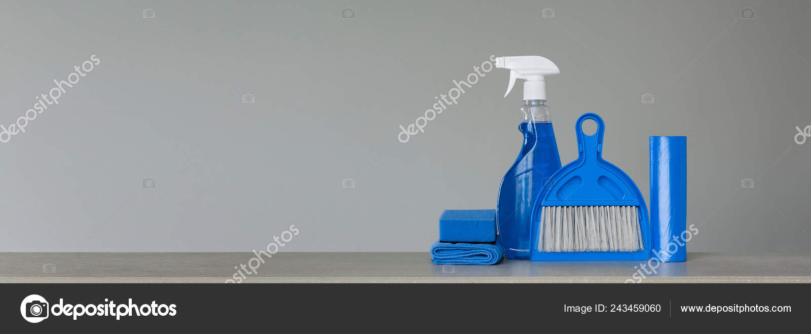Blue Cleaning Set Neutral Background Spray Detergent Garbage Bags Dust ...
