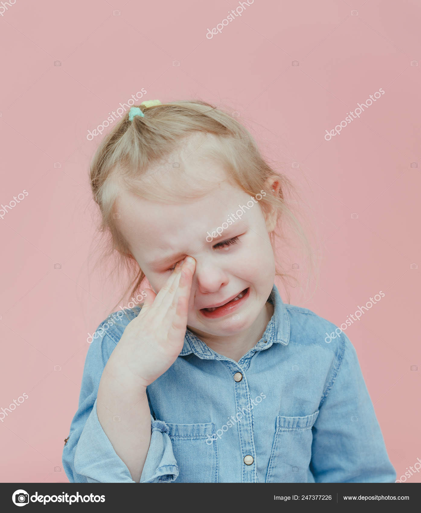 Charming Little Girl Denim Clothes Crying Pink Background Stock Photo ...