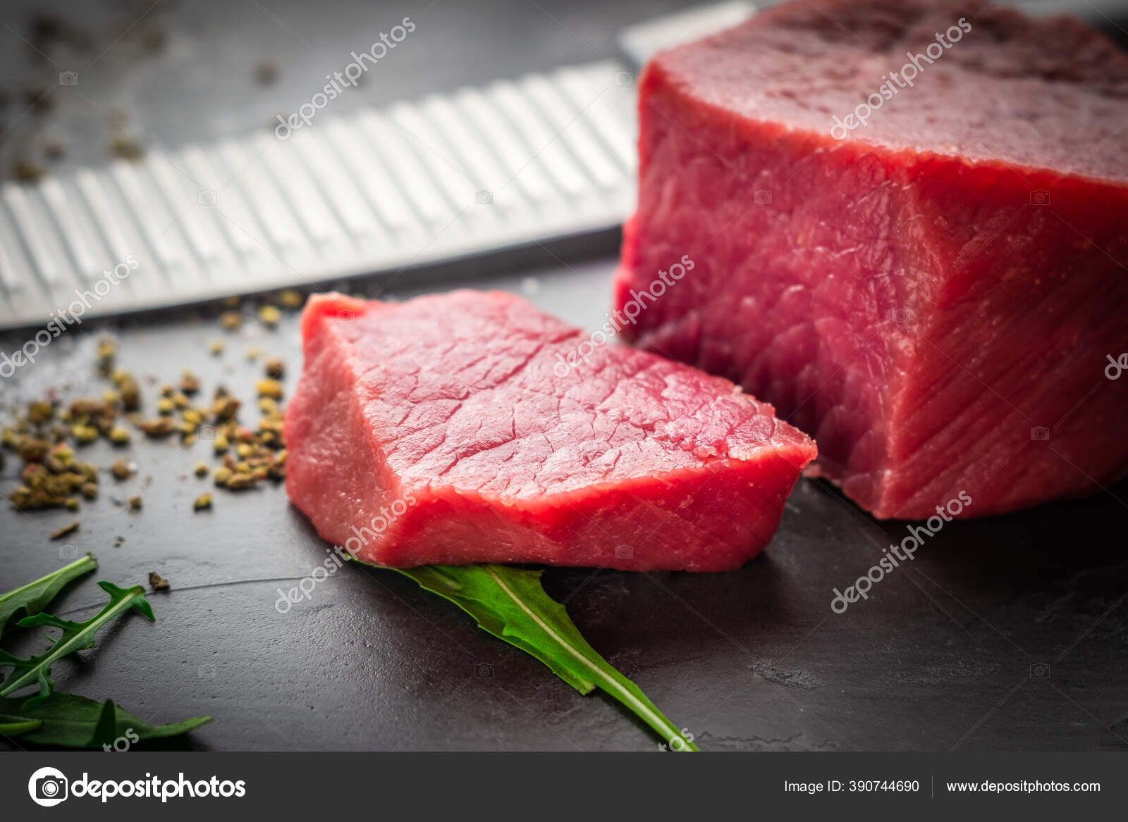 Cut Raw Beef Tenderloin Steak Filet Mignon Seasonings Dark Stone Stock ...