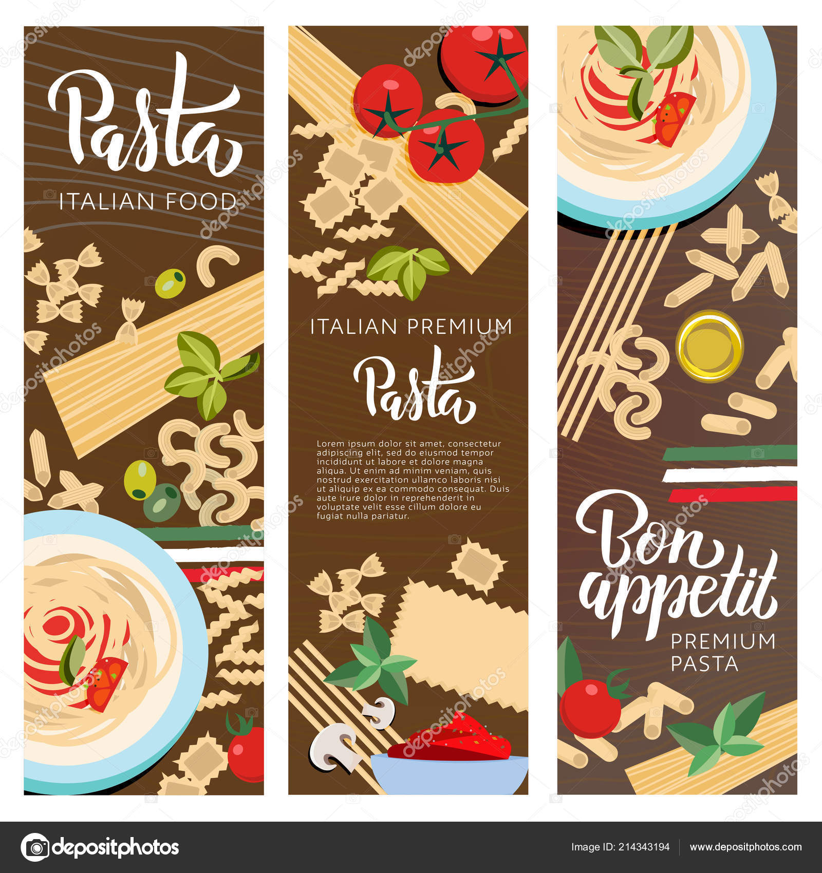 Set ot 3 Italian food banners with pasta hand lettering. Farfalle ...