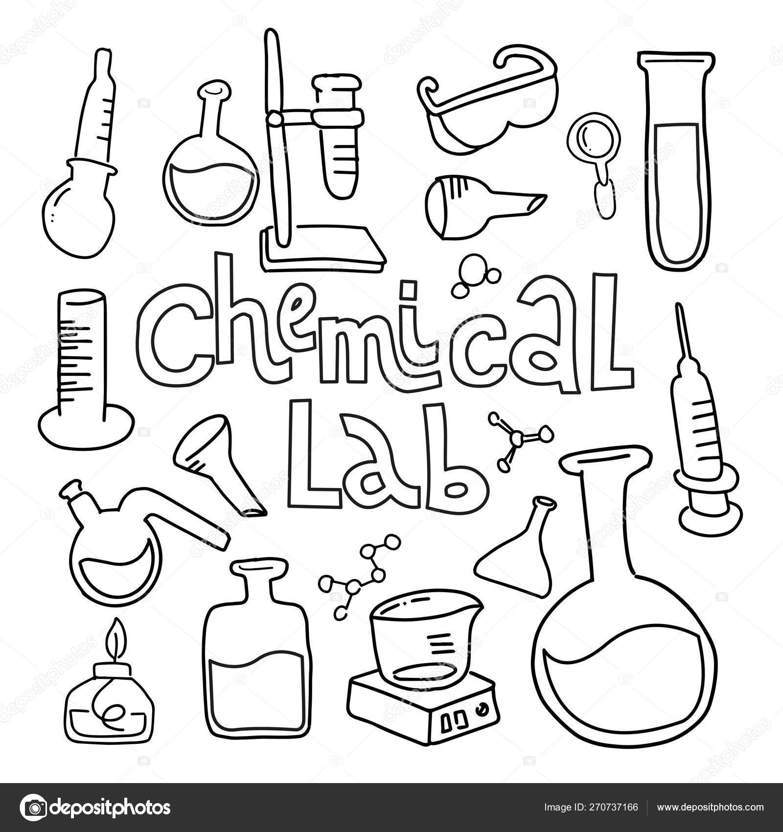 Set of laboratory equipment in black white outlined doodle style.Hand ...