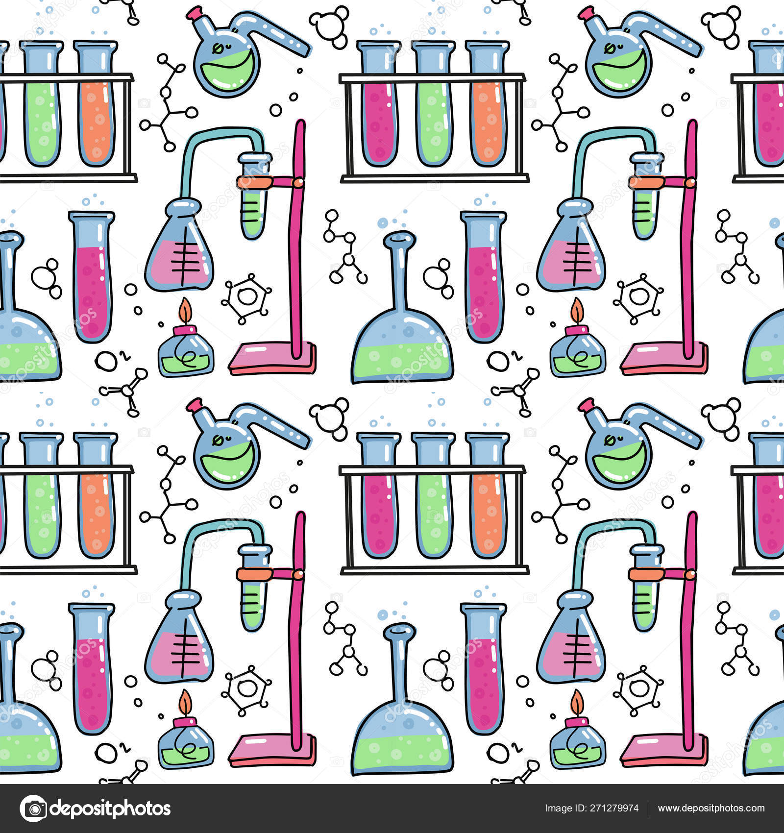 Seamless pattern of decorative color hand drawn chemical lab scientific ...