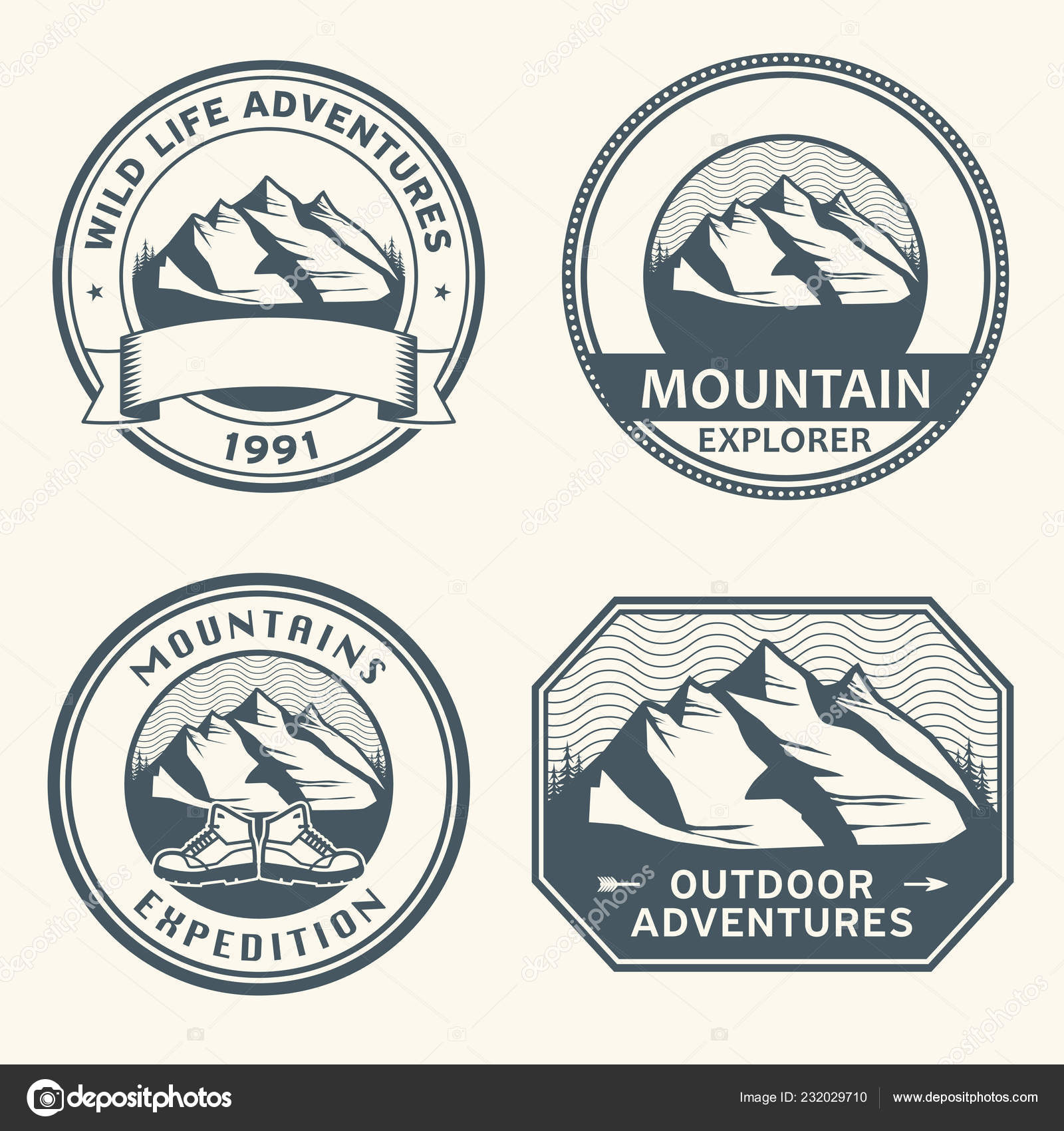 Mountain Wild Adventure Signs Stamps Set Vector Illustration Stock ...