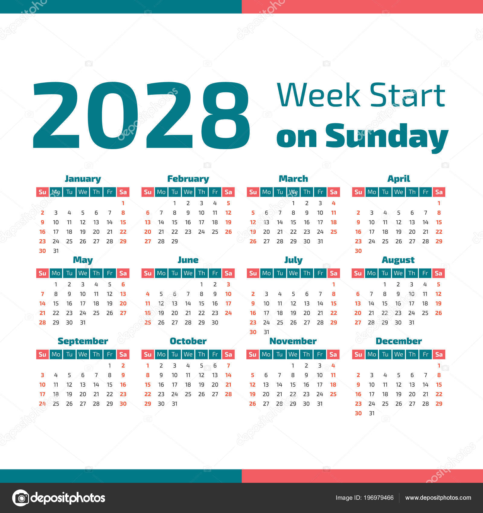 Simple 2028 year calendar Stock Vector by ©123sasha 196979466