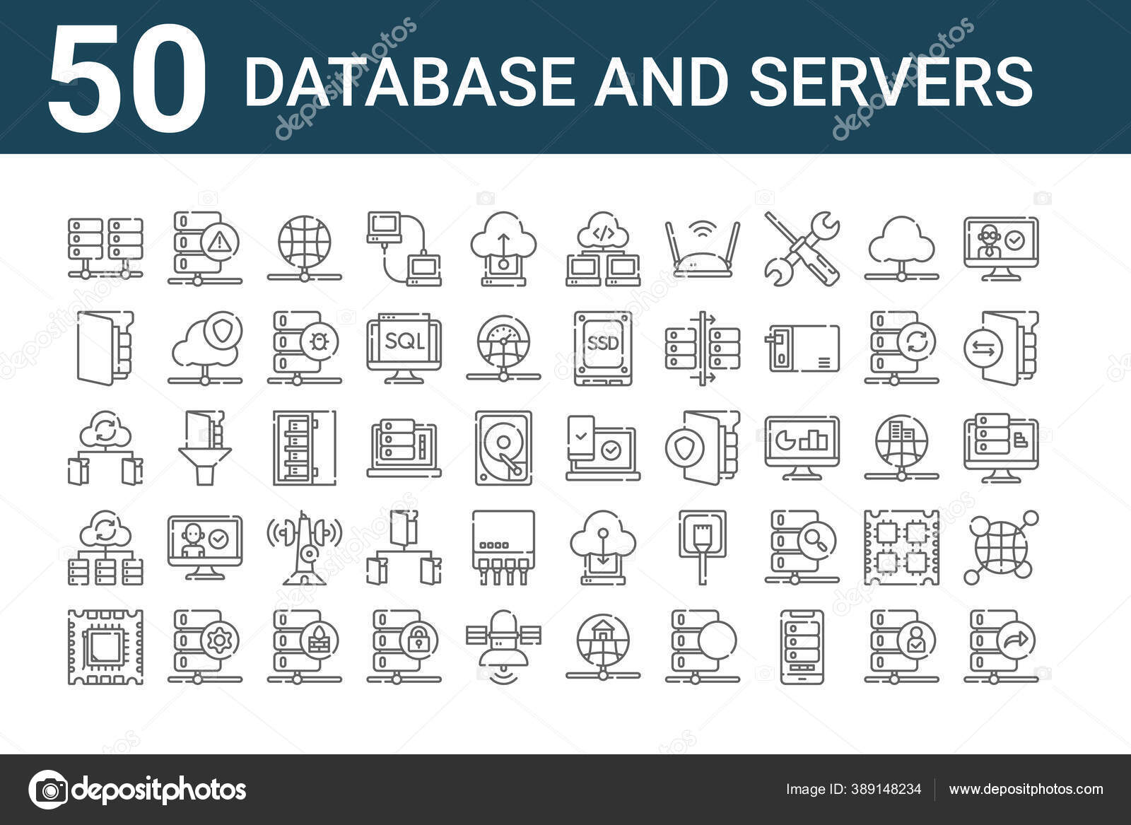 Set Database Servers Icons Outline Thin Line Icons Data Transfer Stock ...