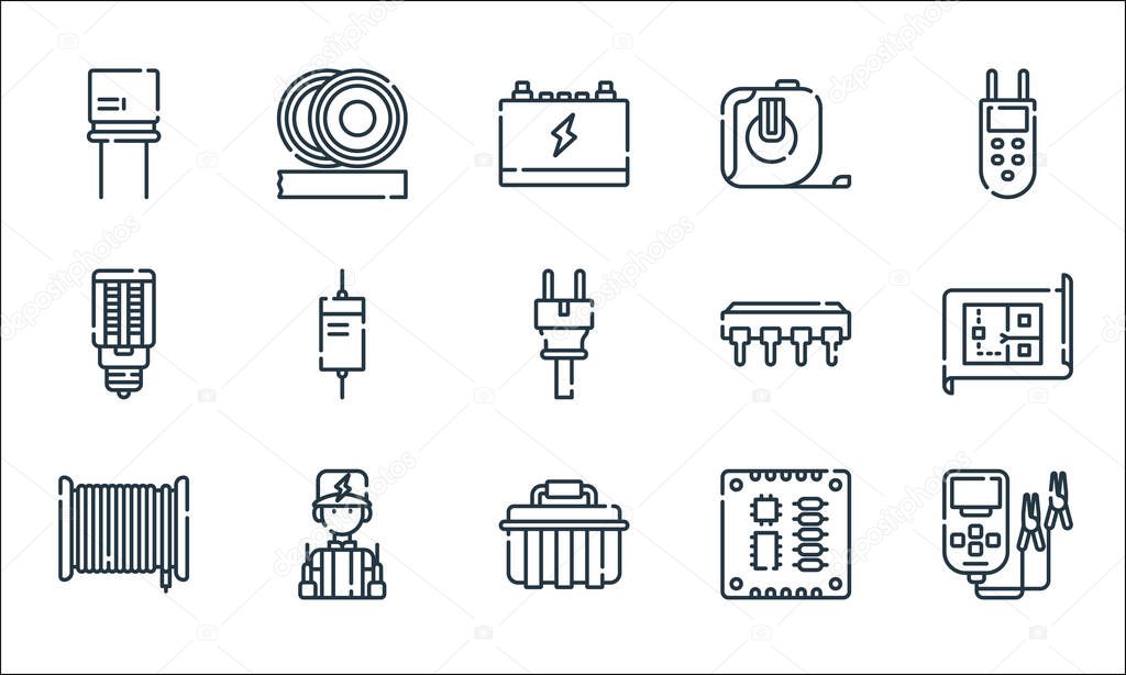 herramientas electricistas e iconos de línea. Conjunto lineal. conjunto ...