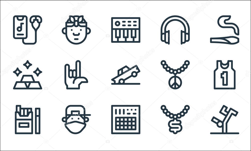 iconos de la línea hip hop. Conjunto lineal. conjunto de línea ...