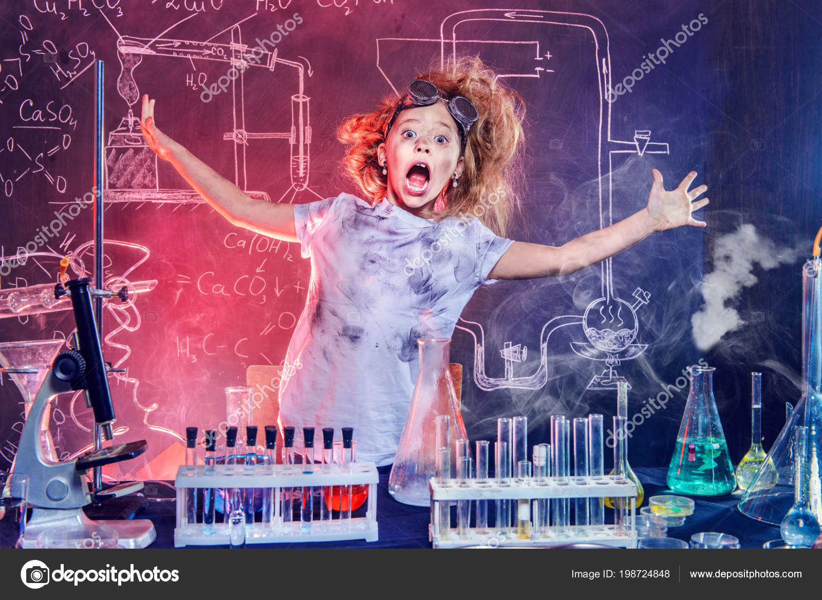 Funny Little Girl Doing Experiments Laboratory Explosion Laboratory ...