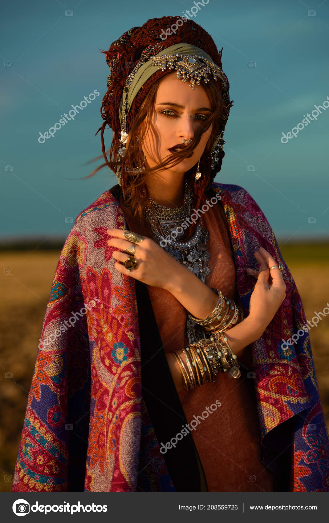 Beautiful Fashion Model Posing Boho Style Clothes Rays Sunset Outdoor ...