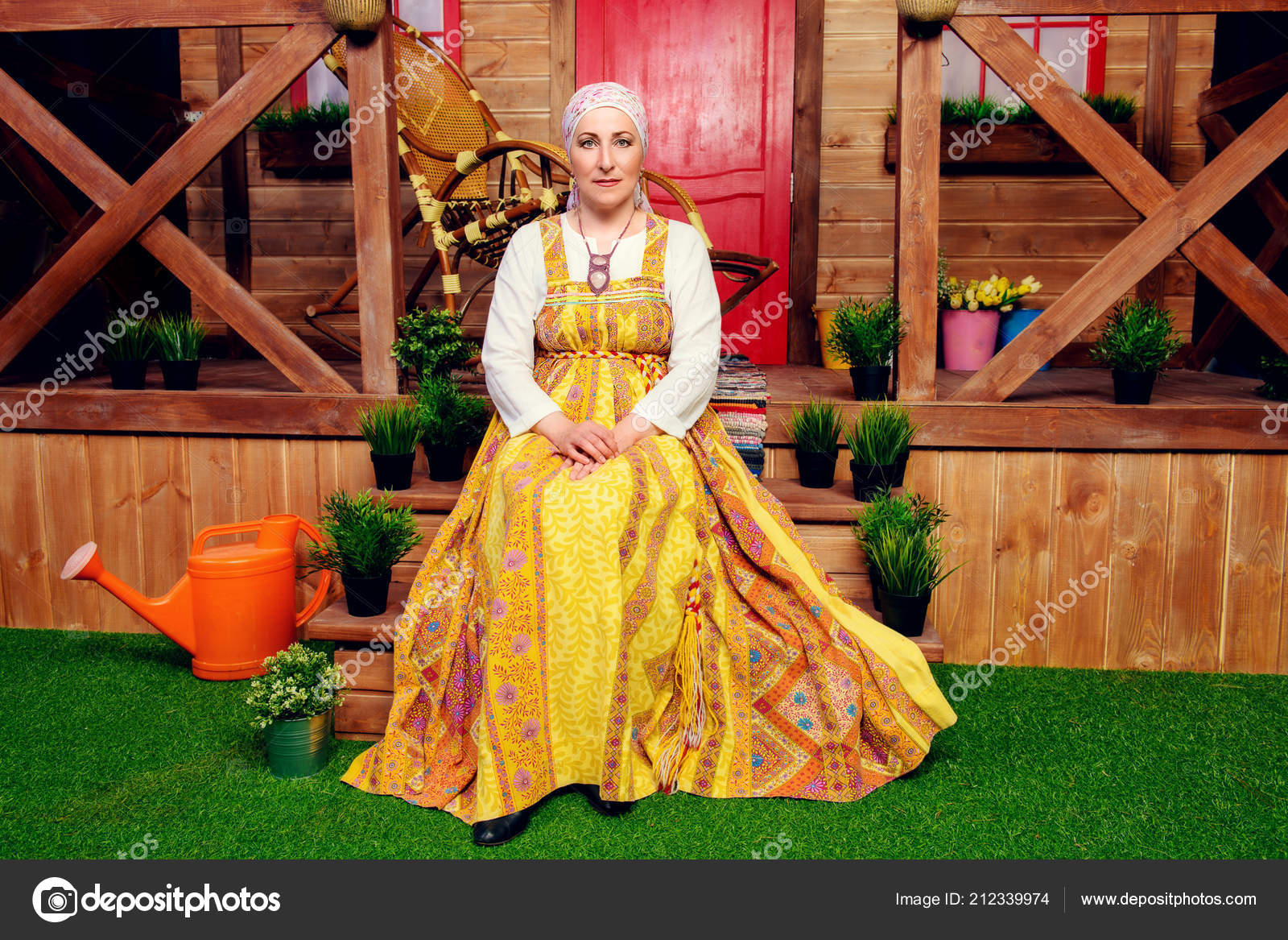 Mature Woman Ethnic Costume Front Wooden House Portrait Rural Style ...