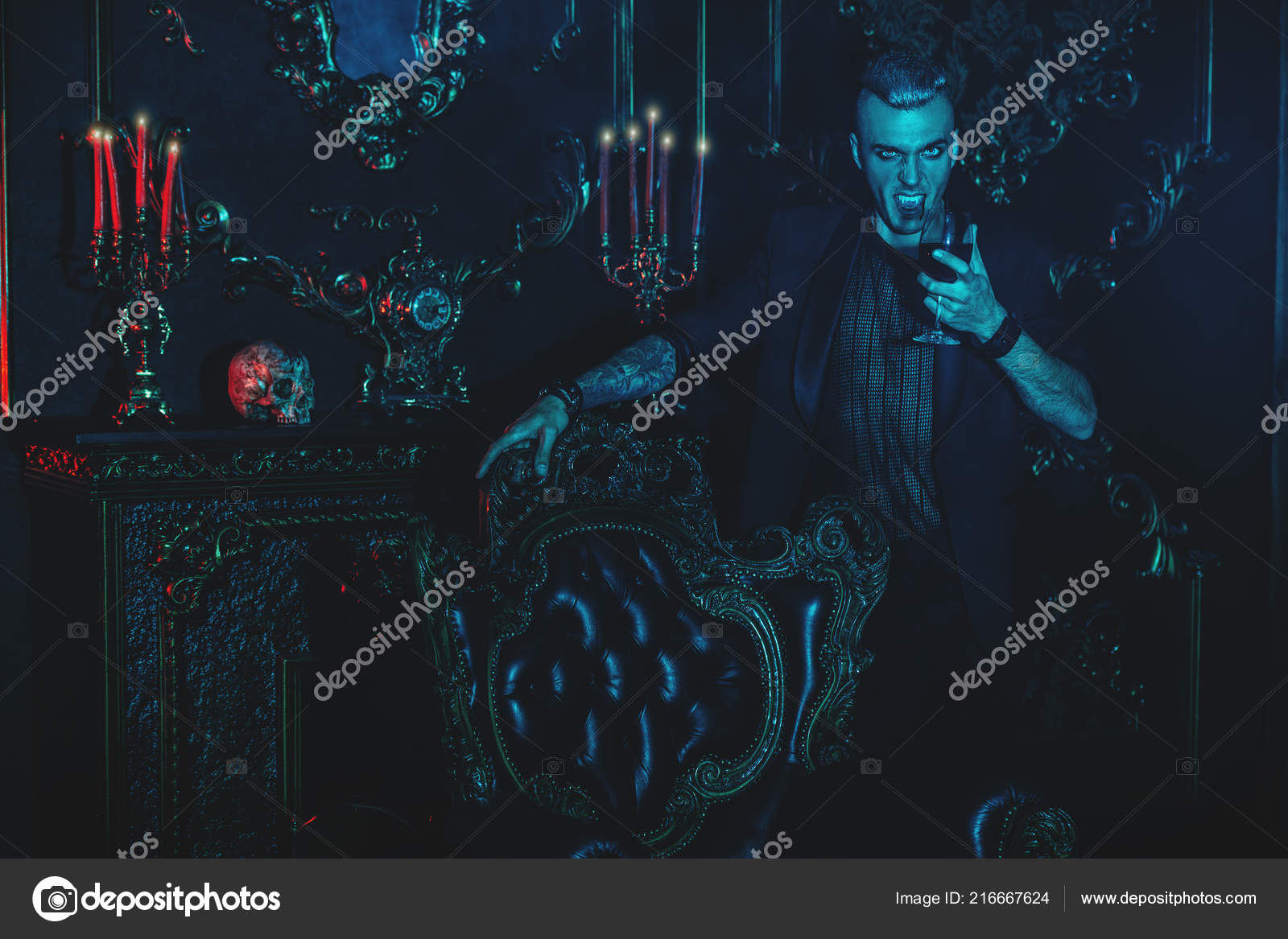 Vampire Man Standing Dark Room Drinking Wine Blood Halloween Beauty ...