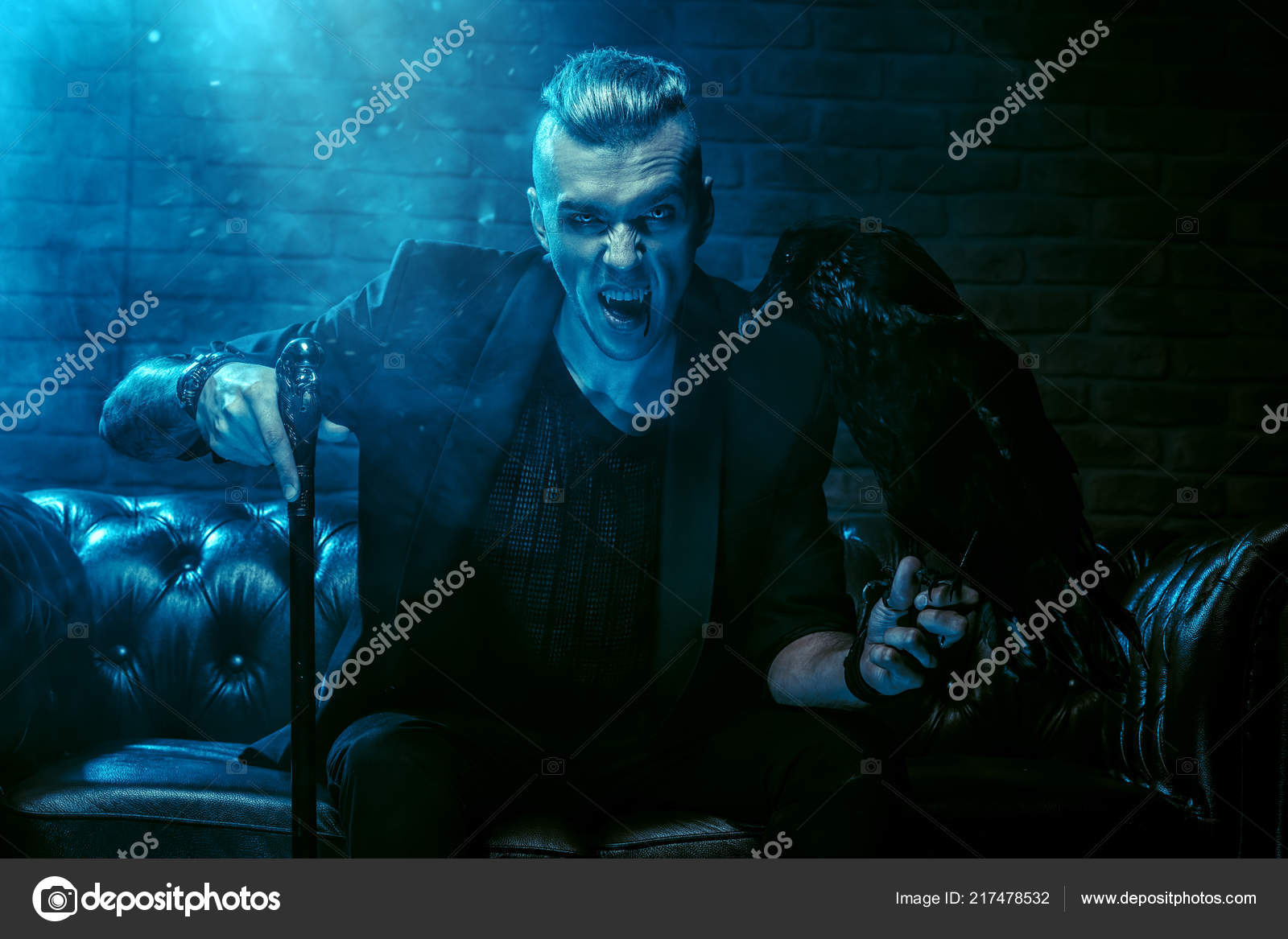 Vampire Man Cane Sitting Sofa Holding Black Raven Halloween Night ...