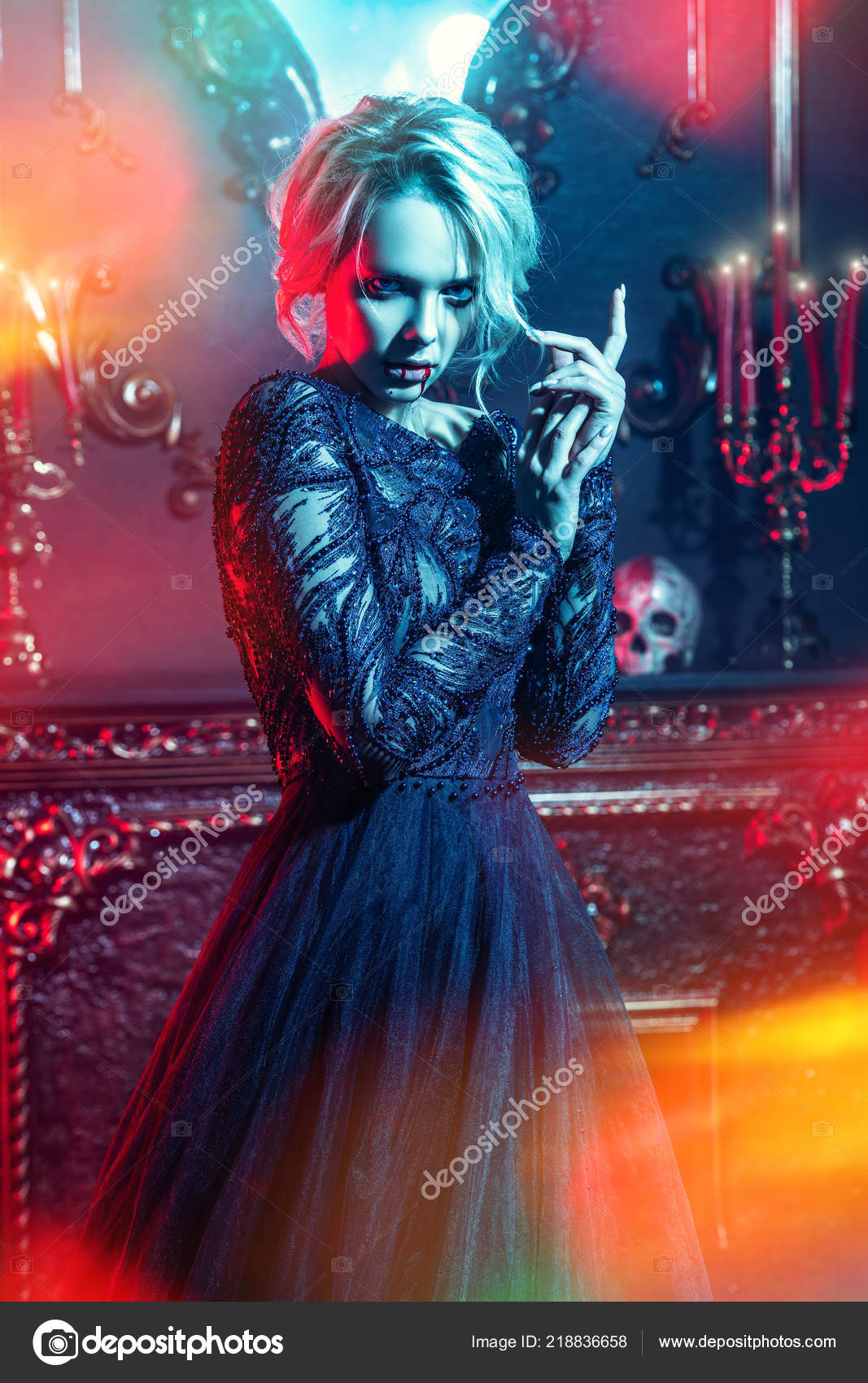 Vampire Woman Standing Dark Room Classic Style Beauty Fashion Stock ...