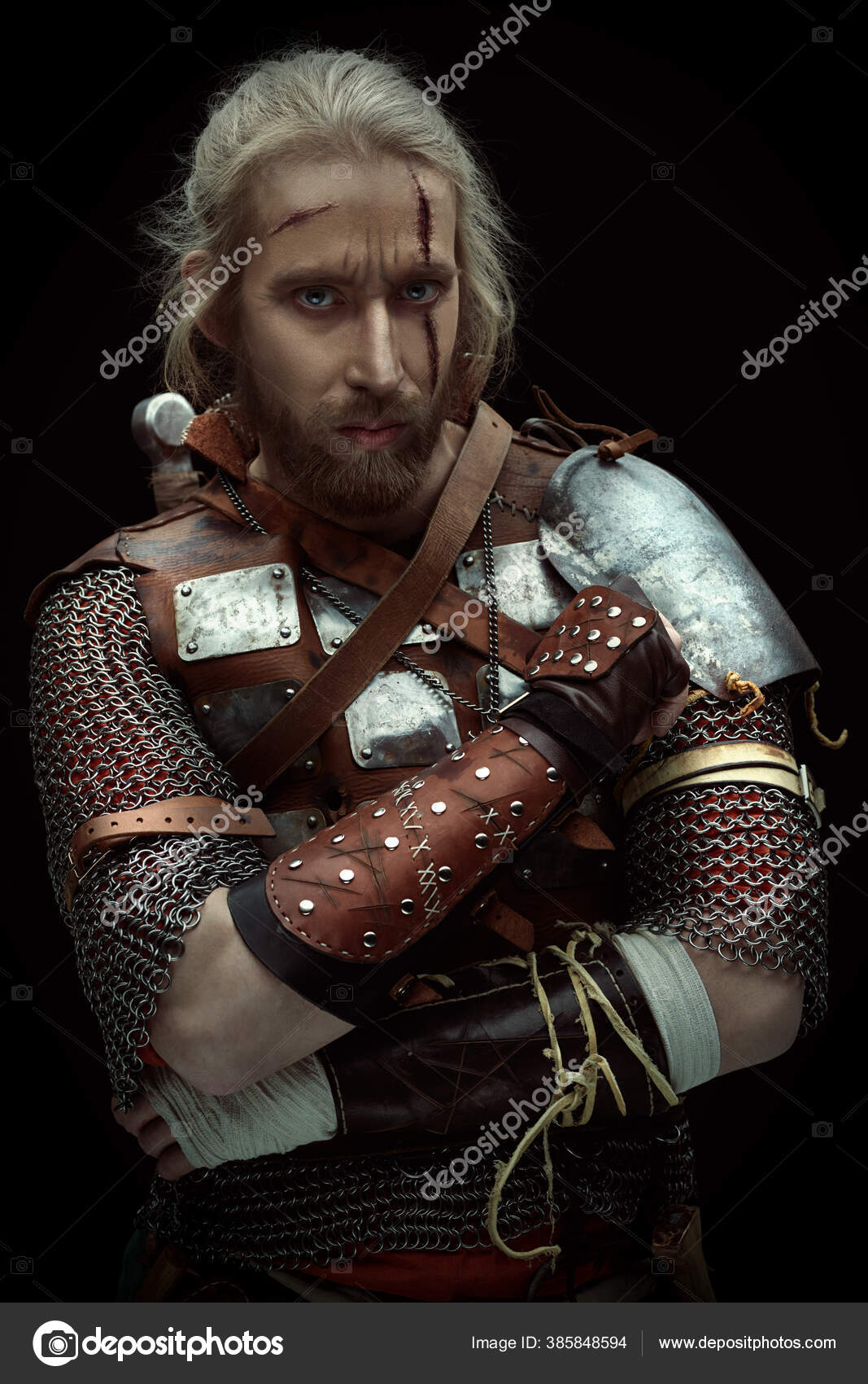 Portrait Brave Medieval Warrior Armor Sword Black Background Witcher ...