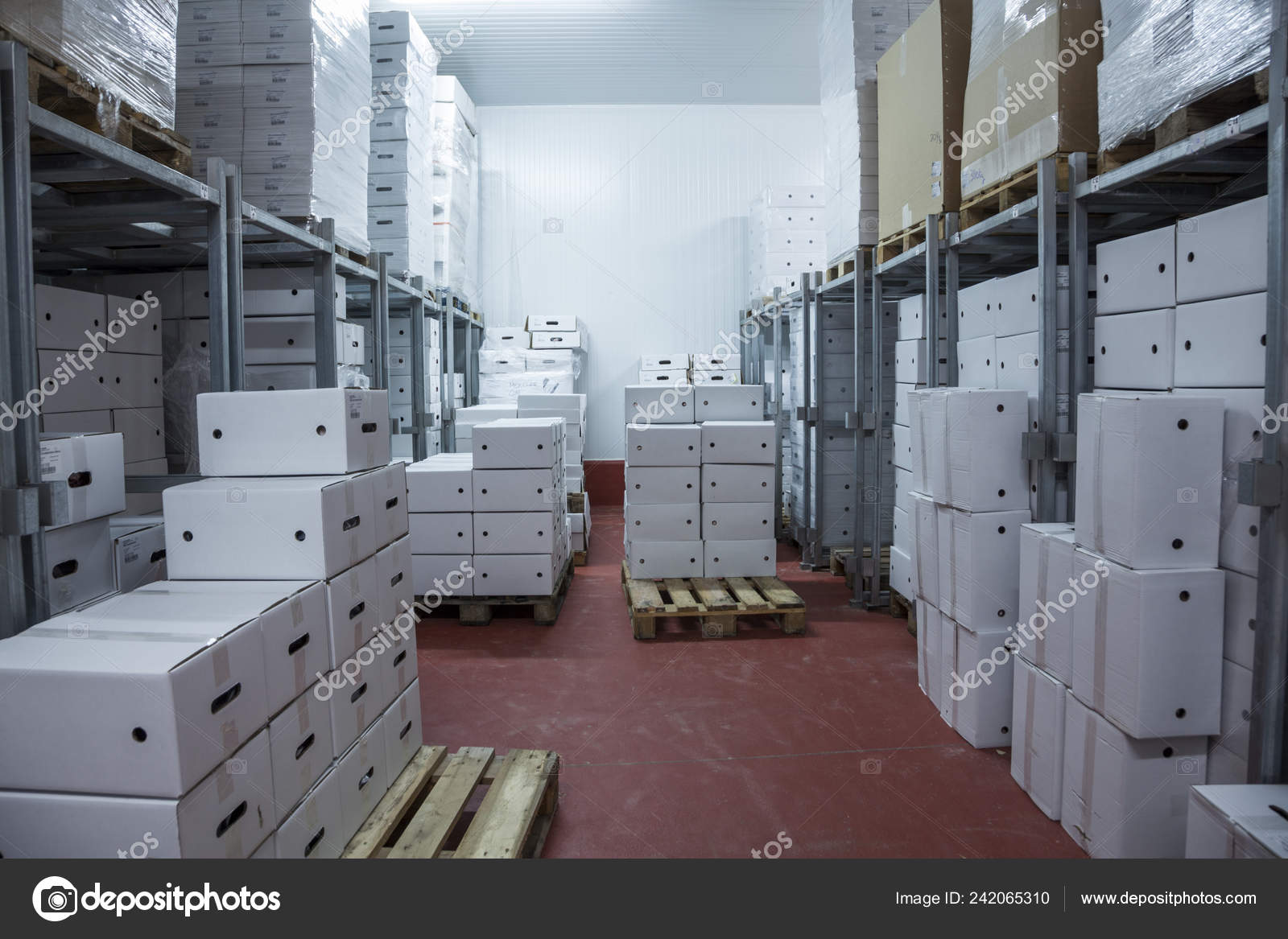 Stock White Boxes Stacked Pallets Freezer Camera Stock Photo by ...