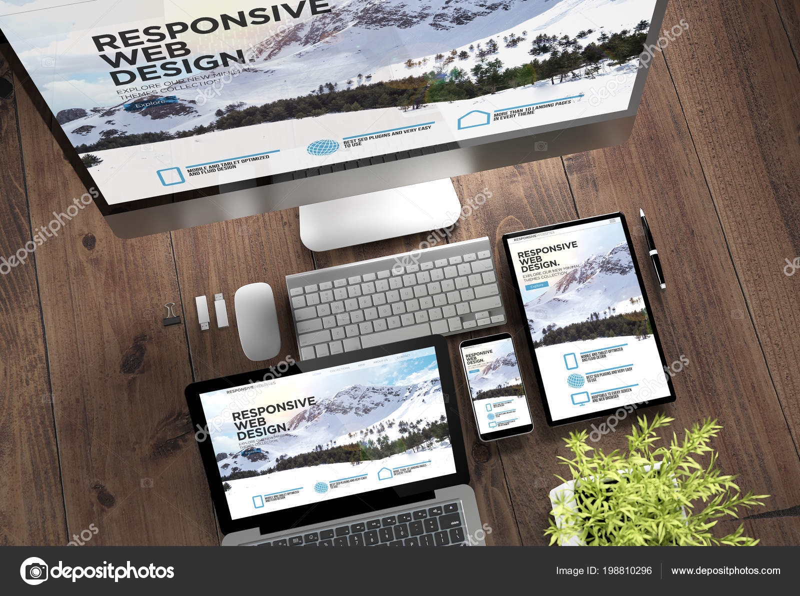 Rendering Top View Devices Responsive Website Screen Wooden Desktop ...