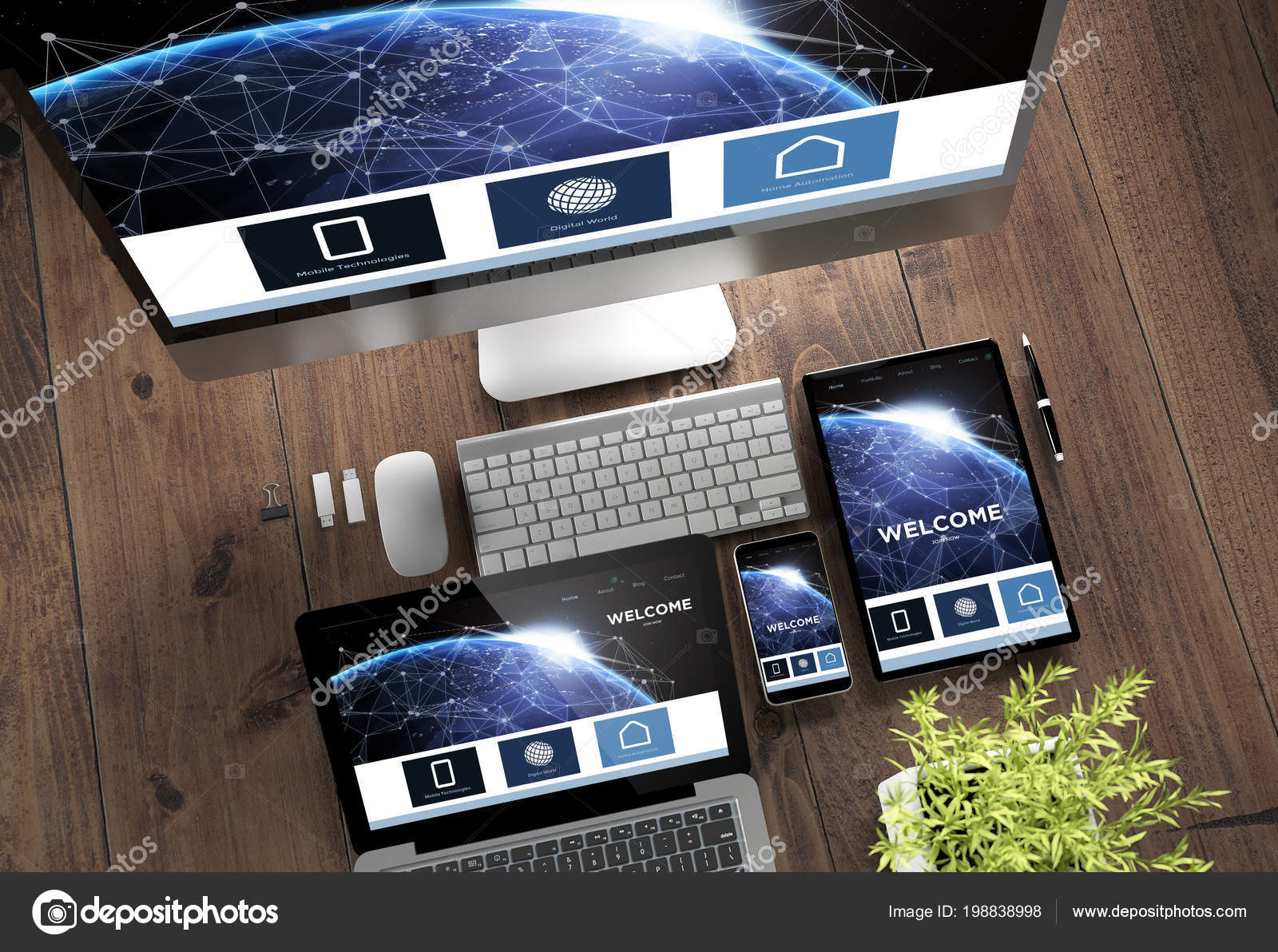 Rendering Top View Devices Landing Page Responsive Screen Wooden Desktop — Stock Photo ...