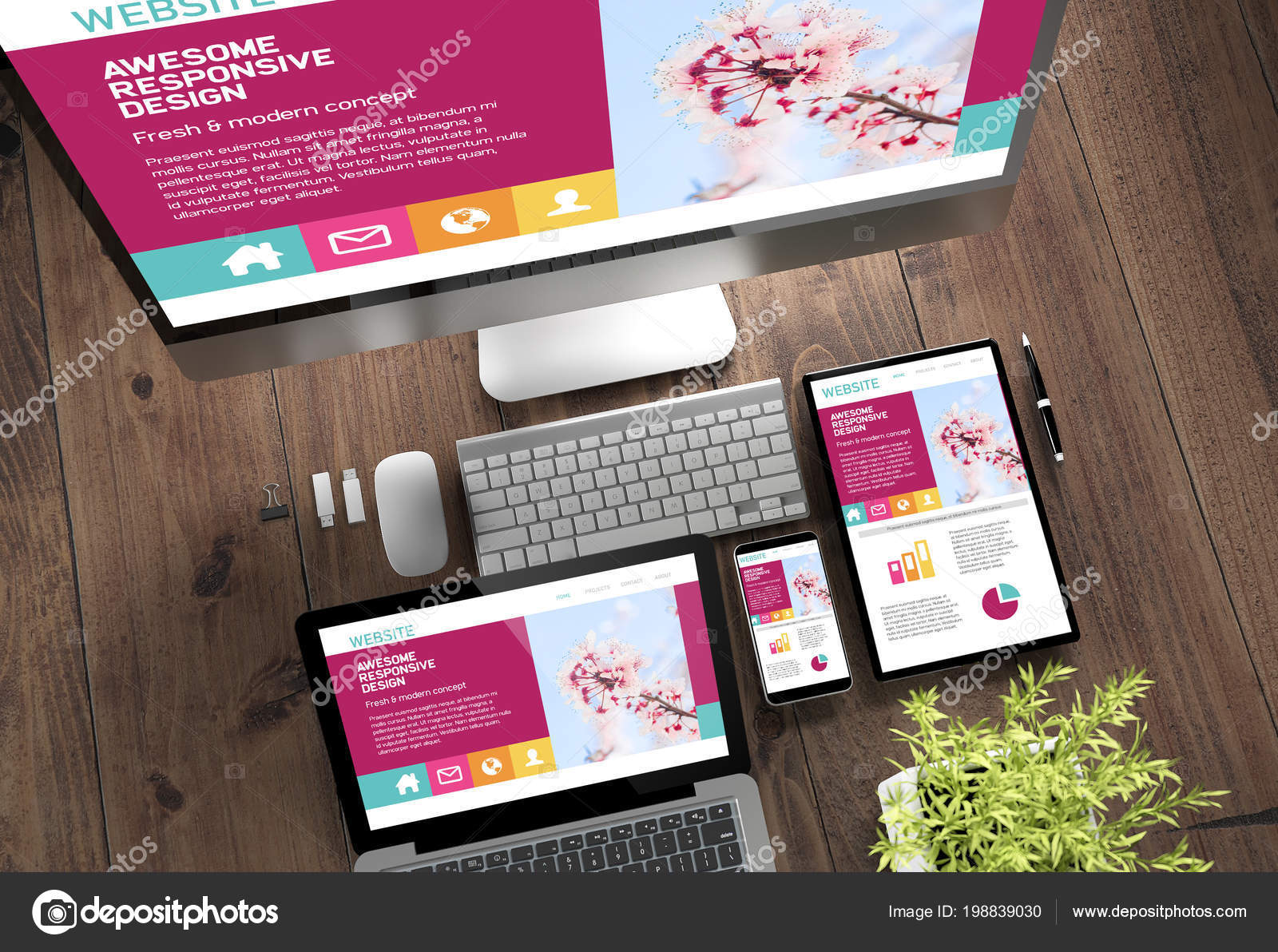 Rendering Top View Devices Responsive Design Screen Wooden Desktop Stock Photo by ...