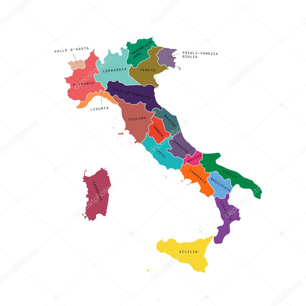 Mapa de regiones de Italia. Mapa vectorial. Italia regiones. 2025