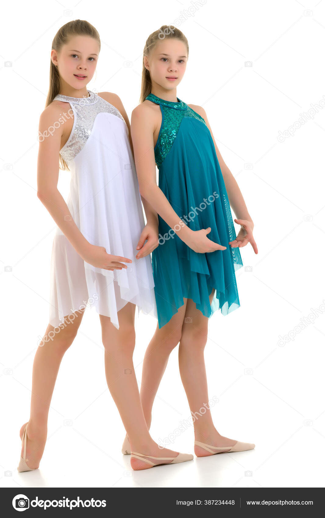 Two Twin Sisters Dancing Wearing White and Blue Sport Dresses — Stock ...