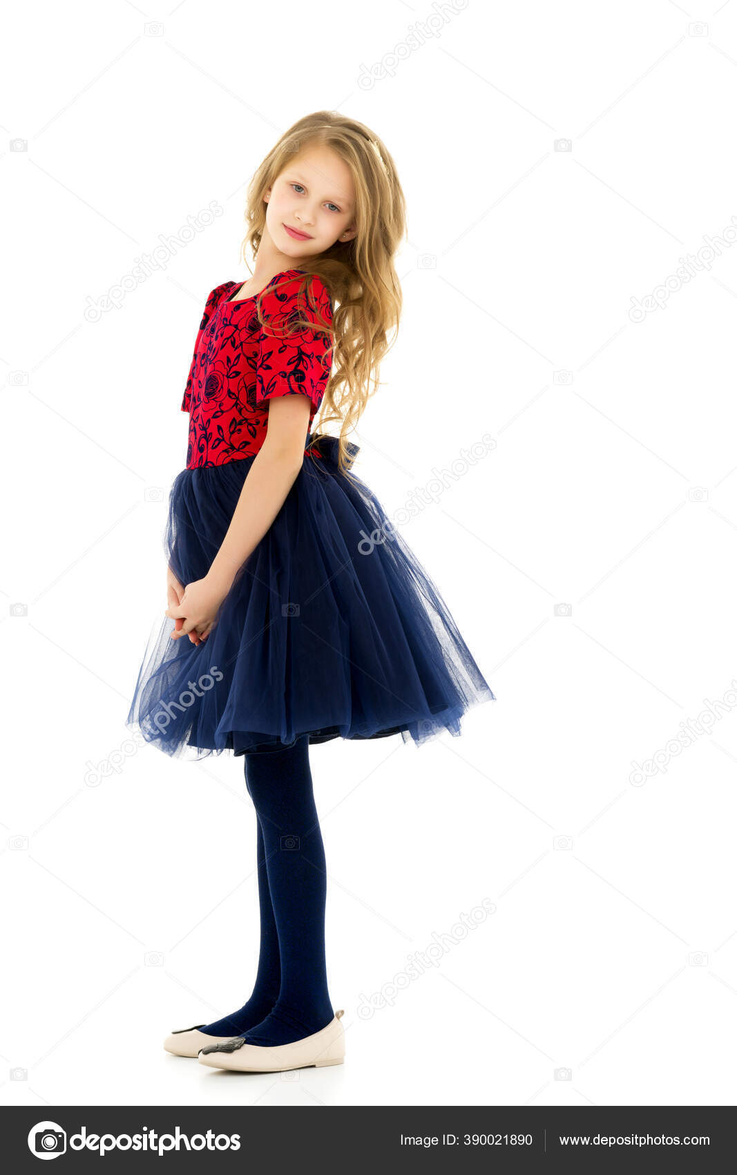 Side View of Cute Pretty Girl Wearing Nice Dress with Blue Tulle ...