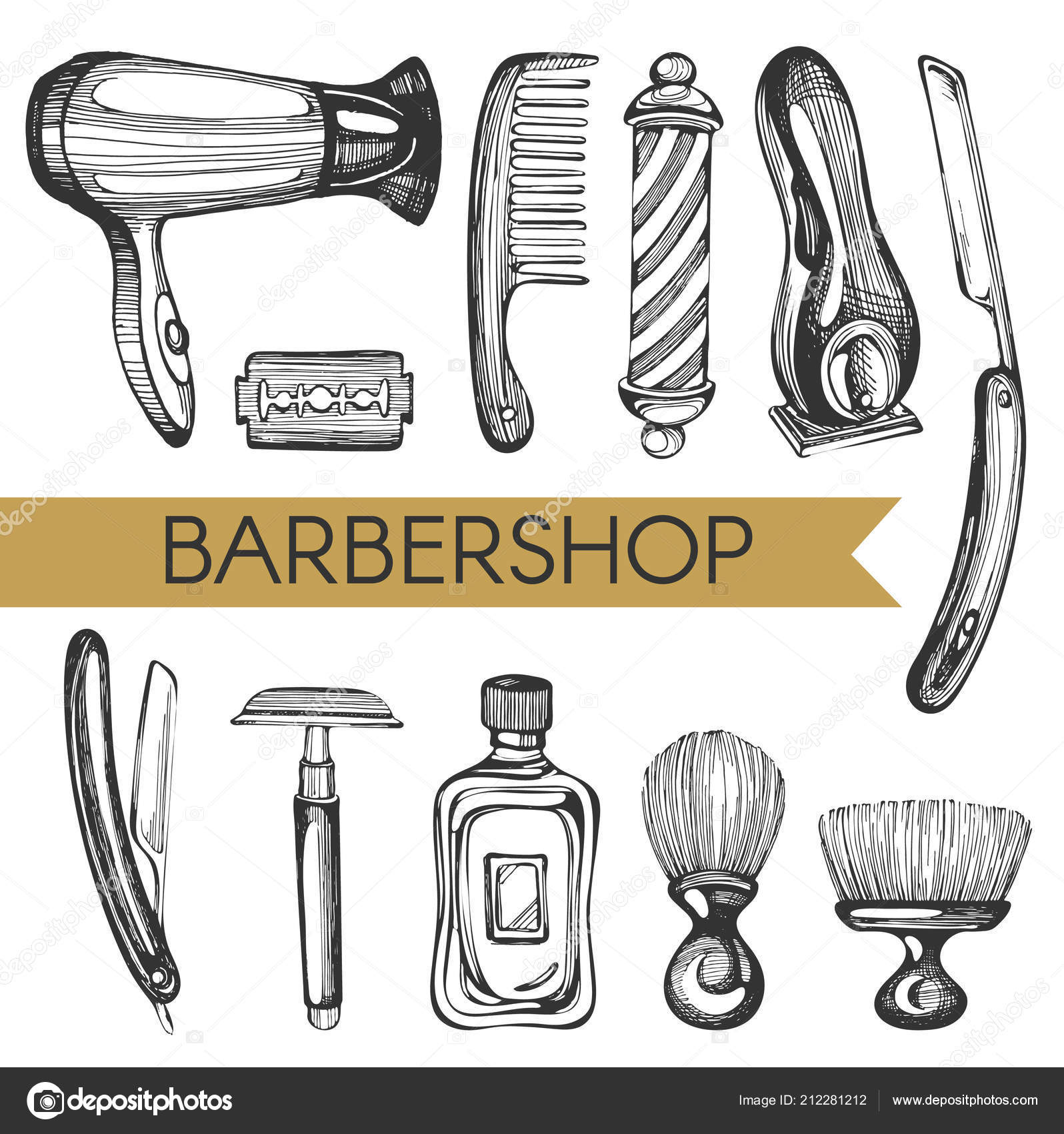 Vector Set Sketch Barber Shop Elements — Stock Vector © Ollimay #212281212