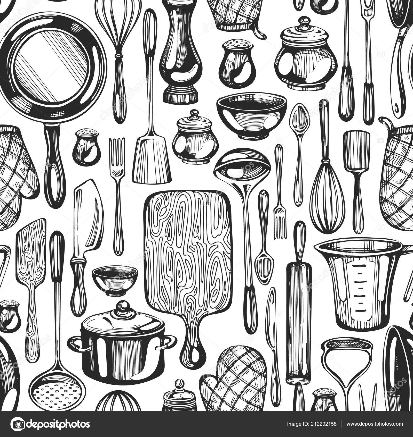 Seamless Pattern Kitchenware Hand Drawn Icons Stock Vector by ©Ollimay ...