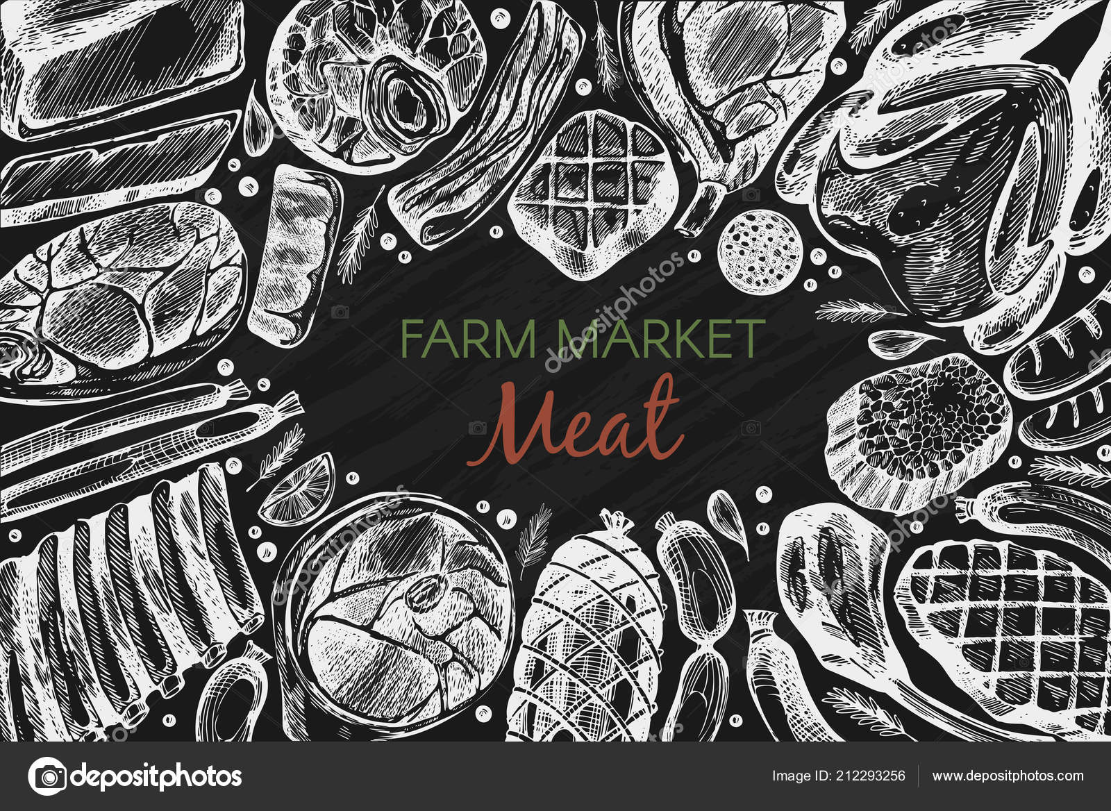 Vector Frame Farm Market Graphic Meat Products Black Background Stock ...