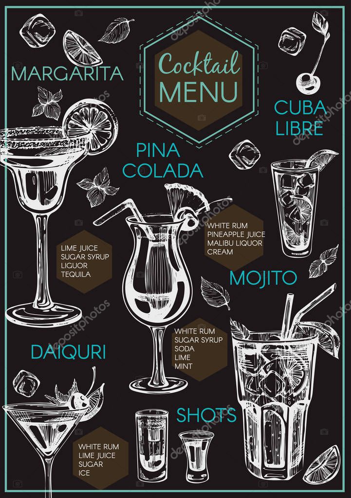Menú de bar de cócteles con ilustraciones gráficas. Banner vectorial y ...