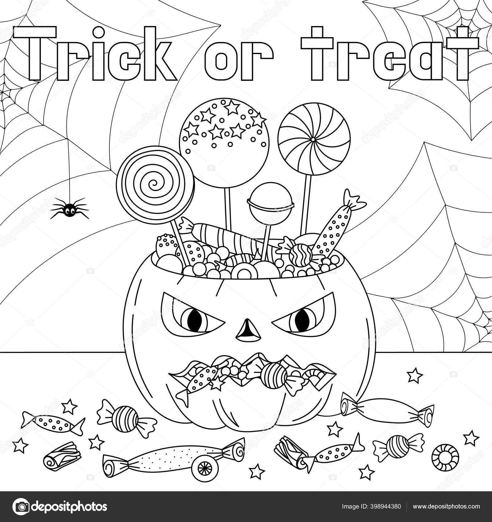 Trick or Treat coloring page. Halloween coloring page for kids. Cartoon ...