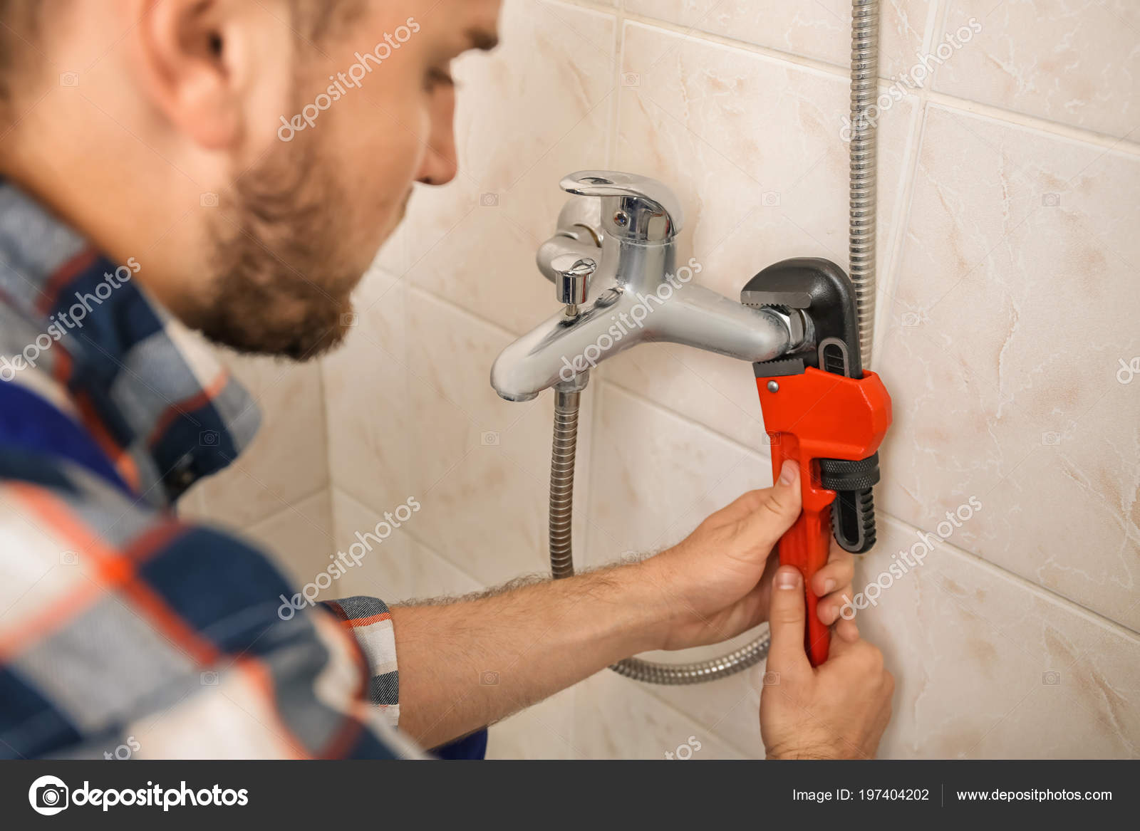 Professional Plumber Fixing Bath Tap Indoors Closeup Stock Photo by ...