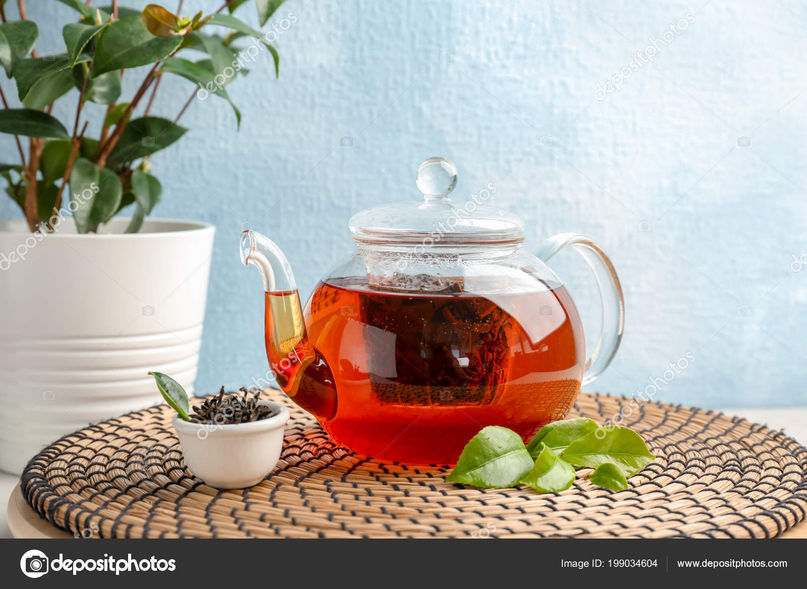 Teapot Hot Aromatic Tea Dry Fresh Leaves Wicker Mat Stock Photo by ...