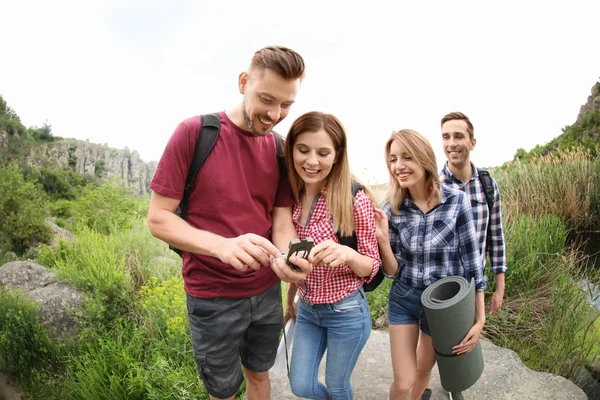 Group Young People Exploring Map Wilderness Camping Season Stock Photo ...