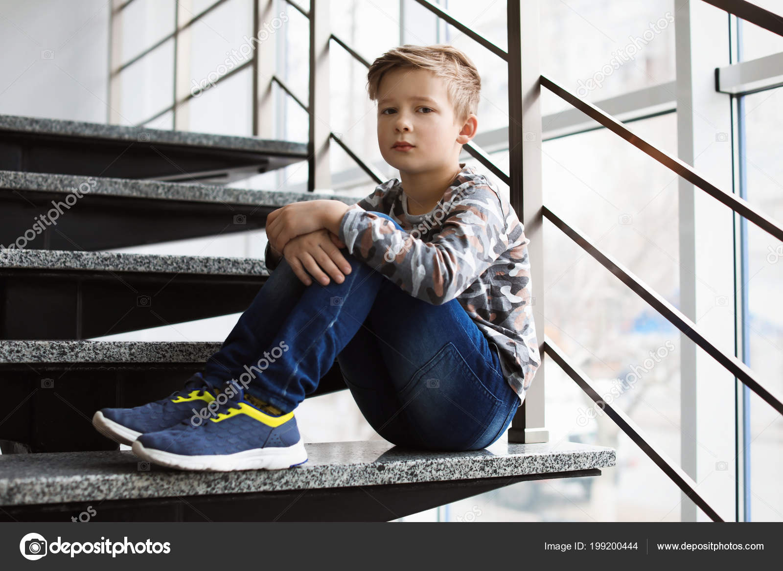 Depressed Little Boy Sitting Stairs Indoors Time Visit Child ...