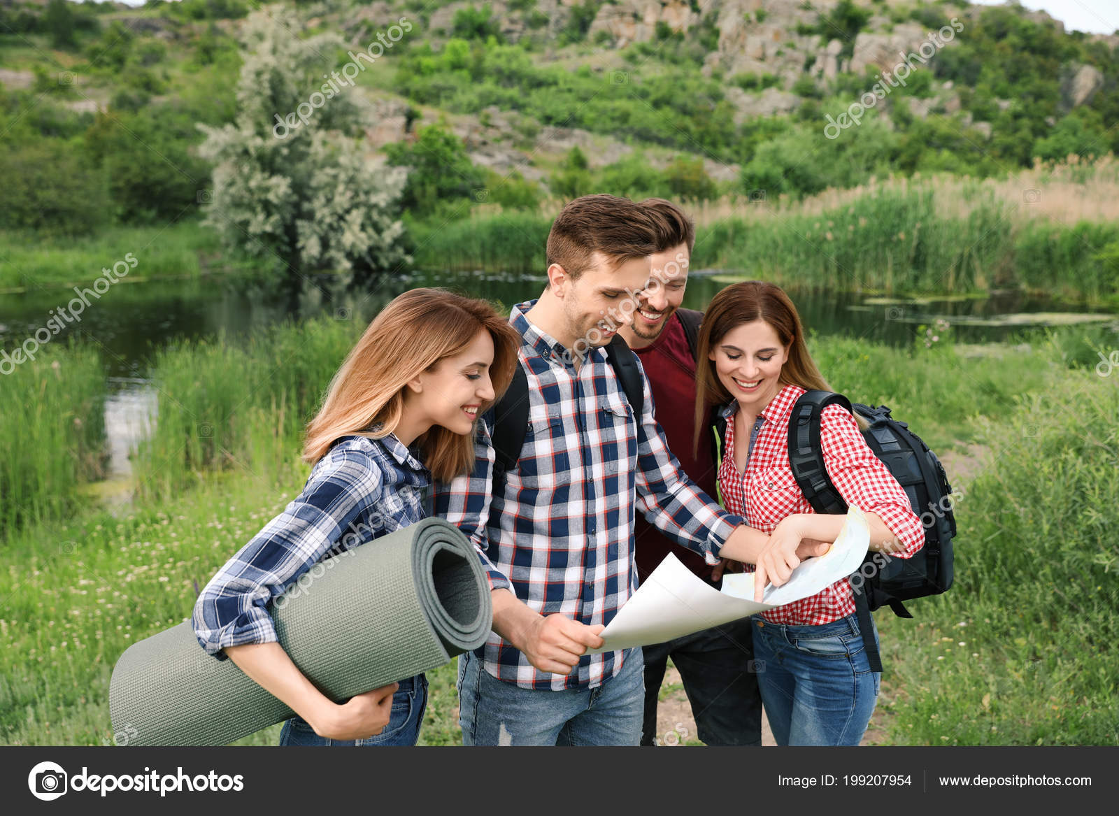 Group Young People Exploring Map Wilderness Camping Season Stock Photo ...