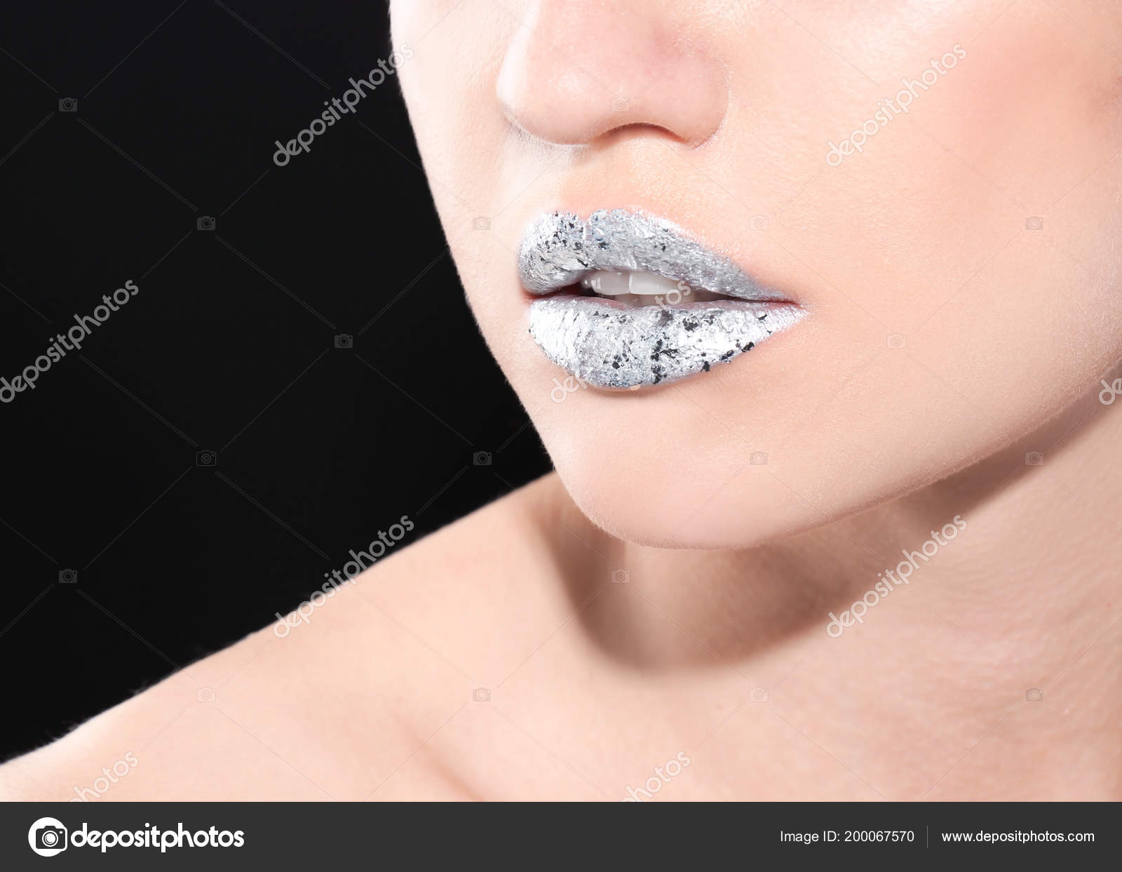 Beautiful Young Model Silver Lips Makeup Black Background Stock Photo ...