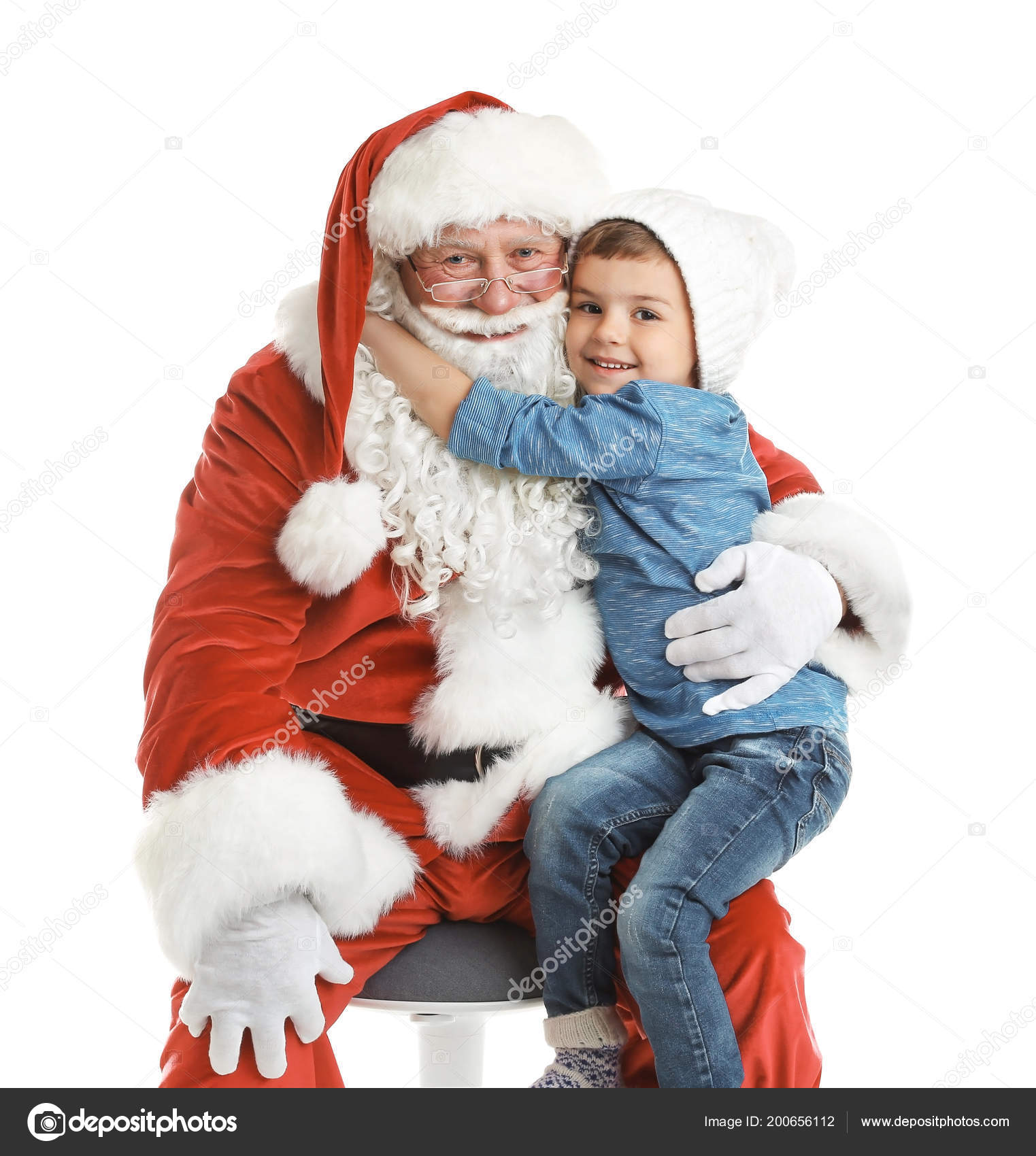 Little Boy Hugging Authentic Santa Claus White Background Stock Photo ...