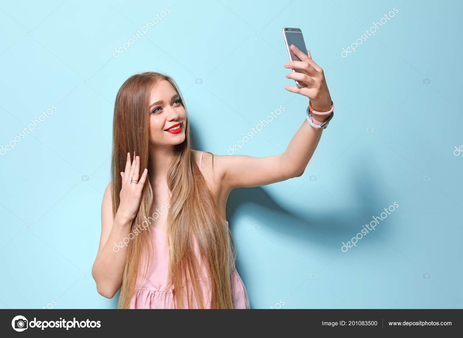 Attractive Young Woman Taking Selfie Color Background Stock Photo by ...