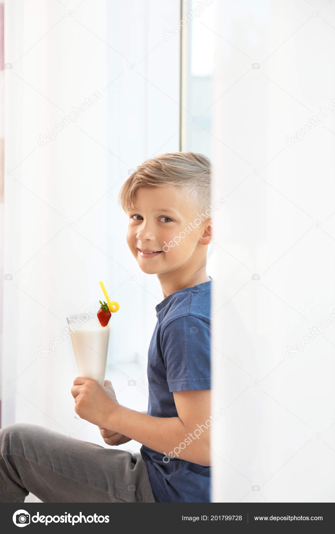 Little Boy Glass Milk Shake Window Indoors Stock Photo by ©NewAfrica ...