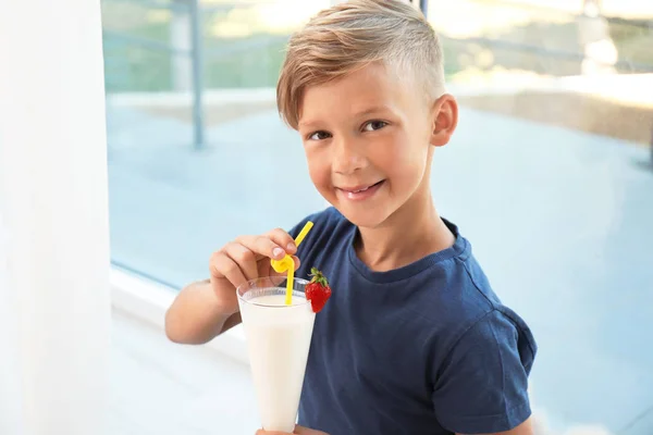 Little Boy Glass Milk Shake Window Indoors Stock Photo by ©NewAfrica ...