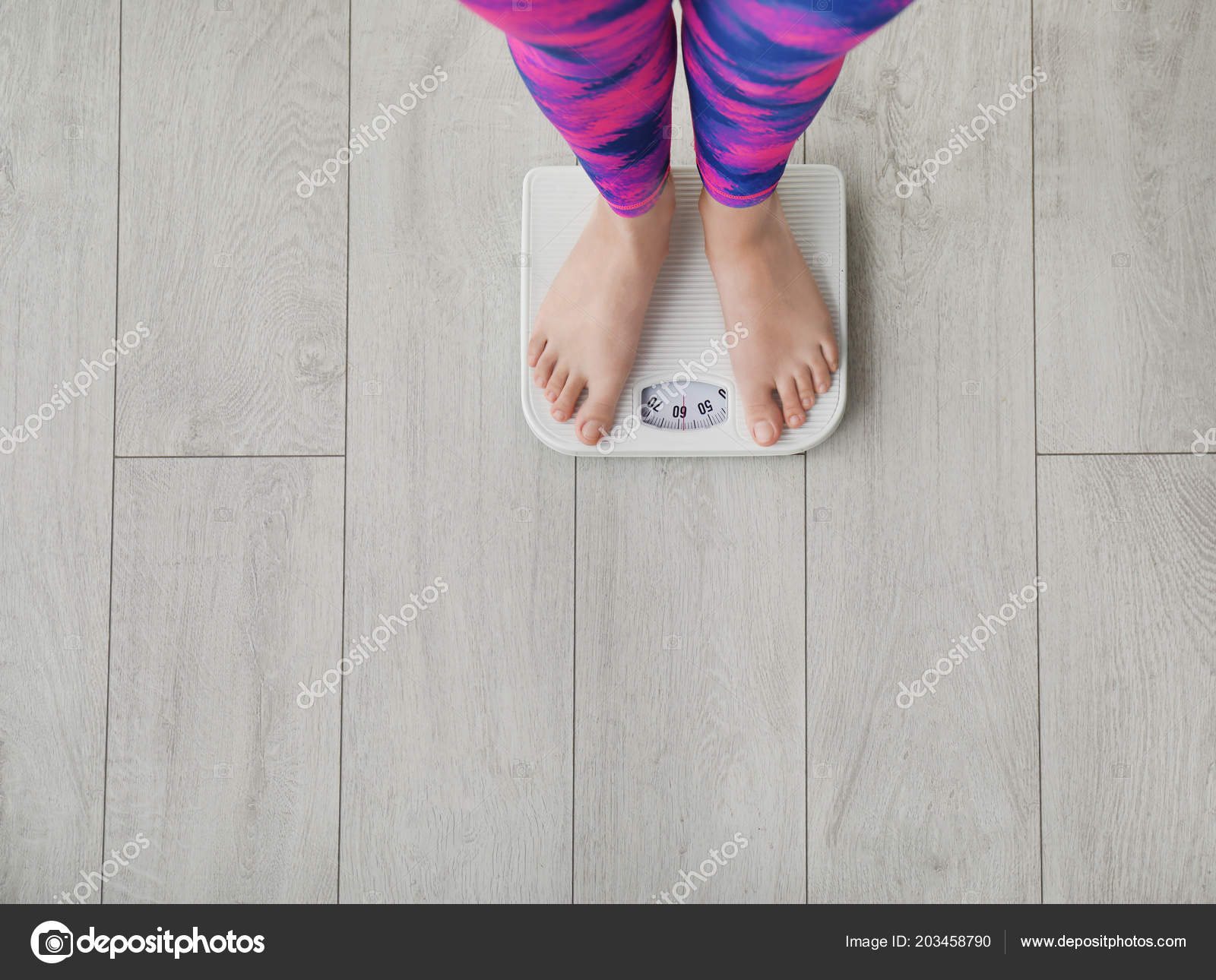 Woman Measuring Her Weight Using Scales Floor Top View Healthy Stock ...