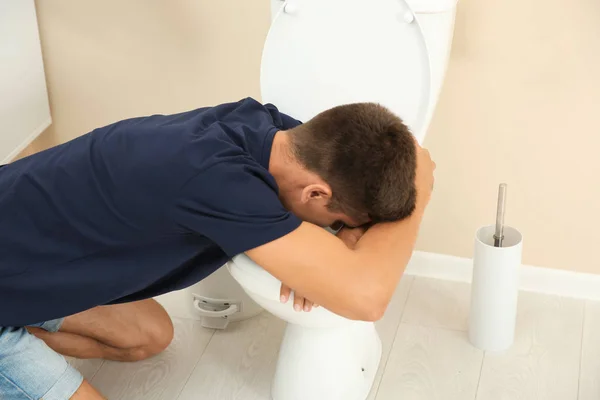 Man Paper Roll Suffering Stomach Ache Toilet Bowl Bathroom — Stock ...