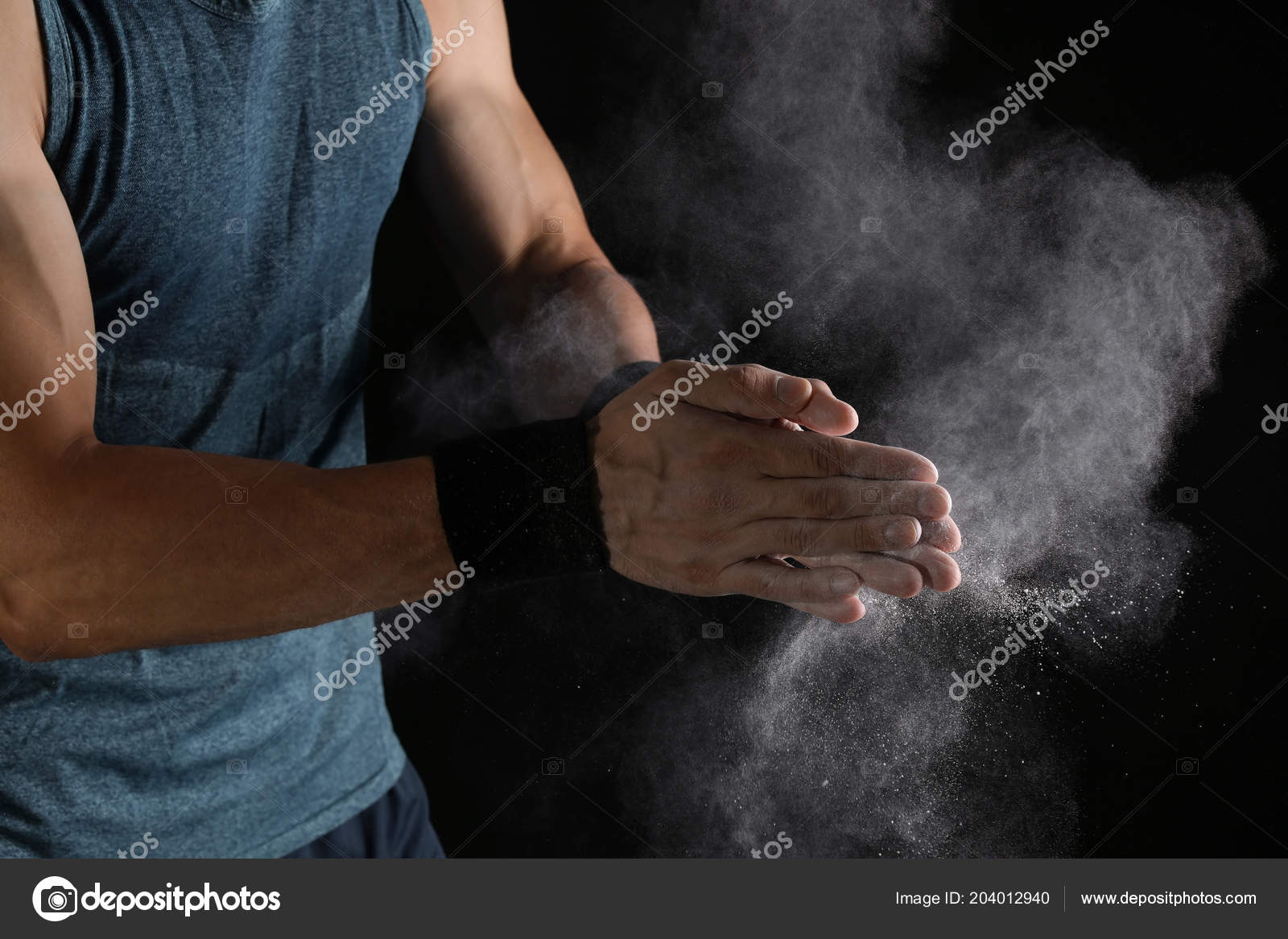 Young Man Applying Chalk Powder Hands Dark Background Stock Photo by ...