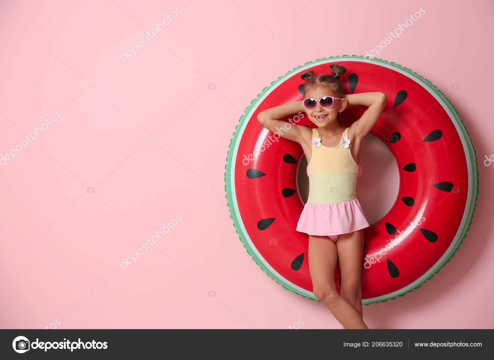 Cute Little Girl Inflatable Ring Color Background Stock Photo by ...