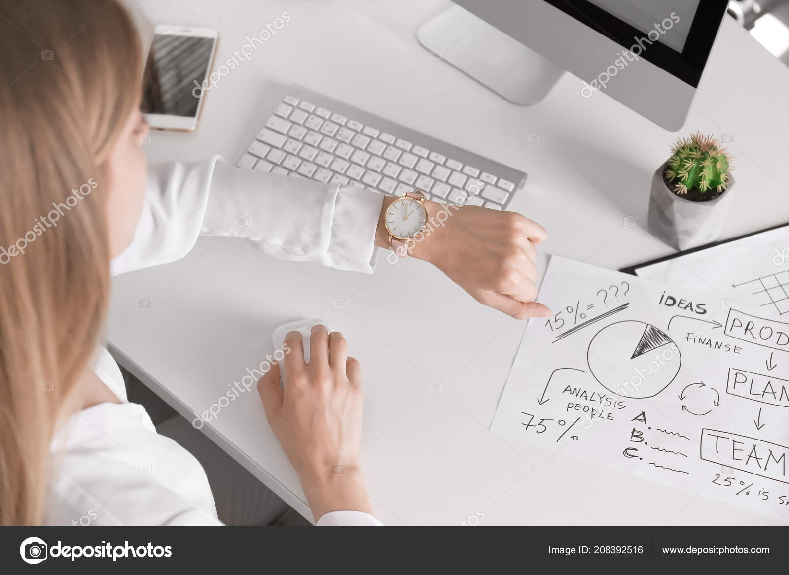 Young Woman Checking Time Her Wristwatch Workplace Stock Photo by ...