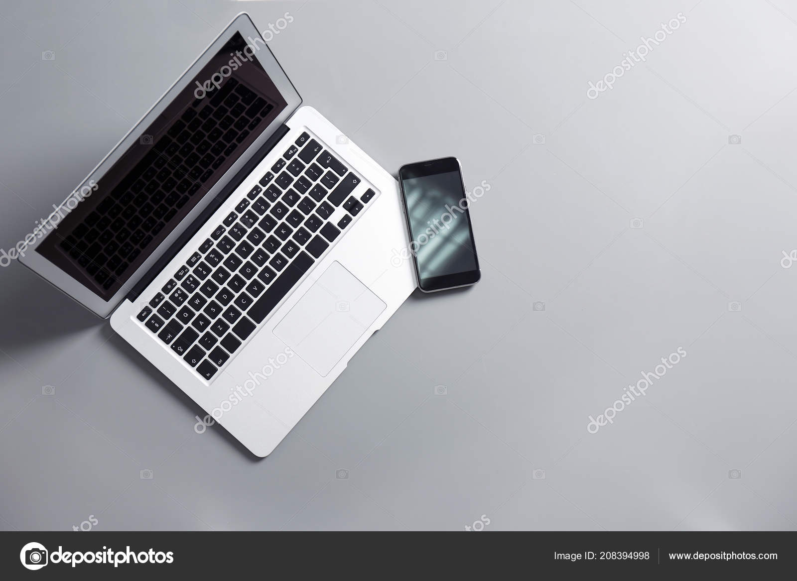 Modern Laptop Mobile Phone Gray Background Top View Stock Photo by ...