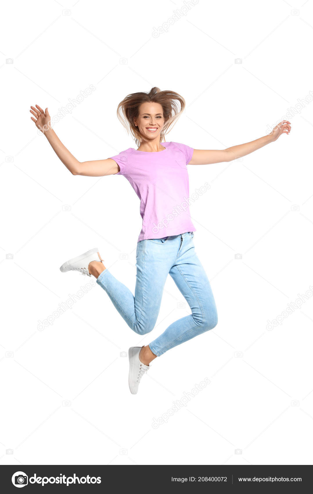 Beautiful Woman Jumping White Background Stock Photo by ©NewAfrica ...