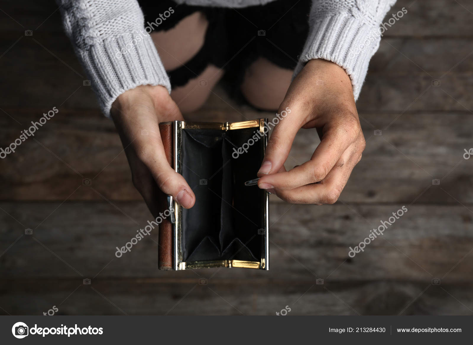 Poor Woman Holding Empty Wallet Coin Wooden Background Closeup Stock ...
