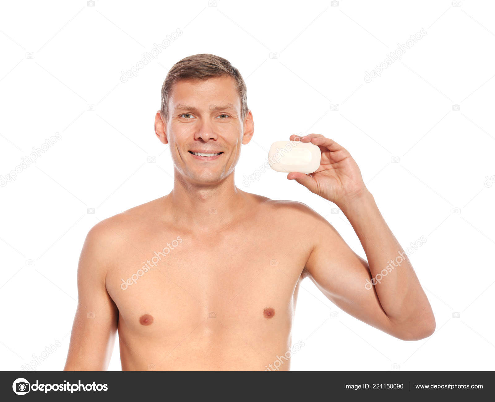 Portrait Man Holding Soap Bar White Background Stock Photo by ...